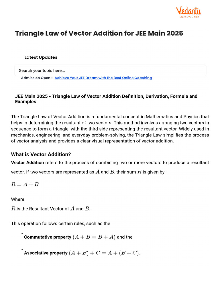 Triangle Law of Vector Addition For JEE Main 2025 | PDF