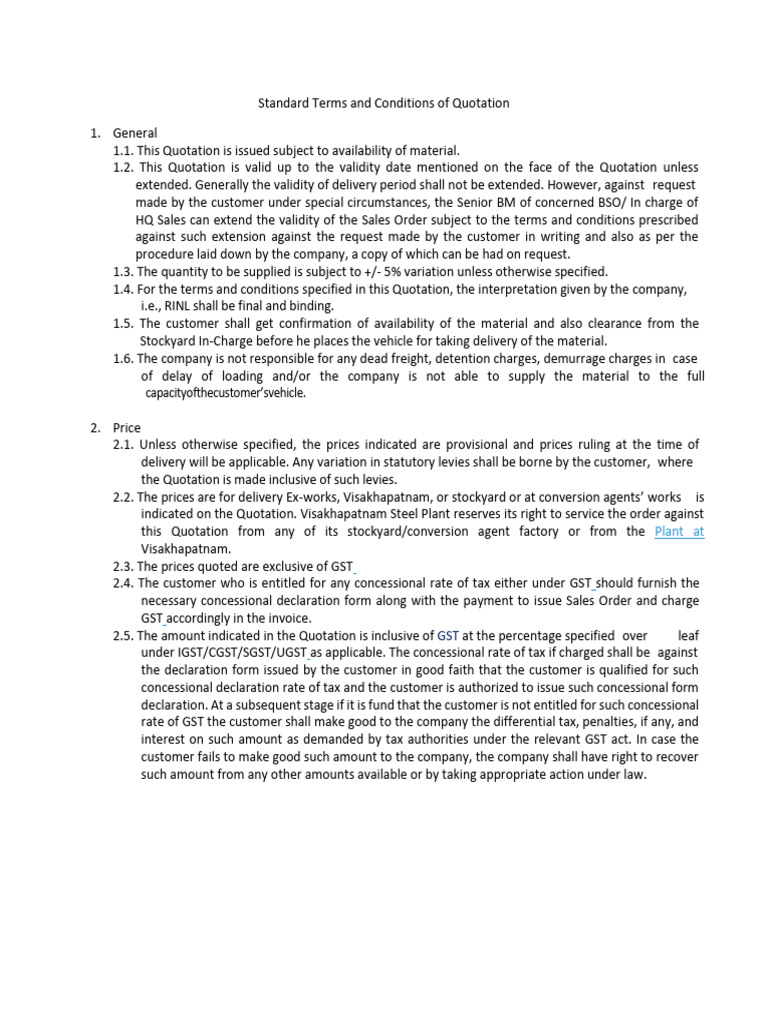 Terms Conditions of Quotation | PDF | Arbitration | Value Added Tax
