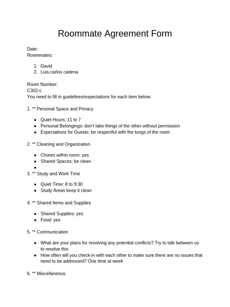 Roommate Agreement Form | PDF