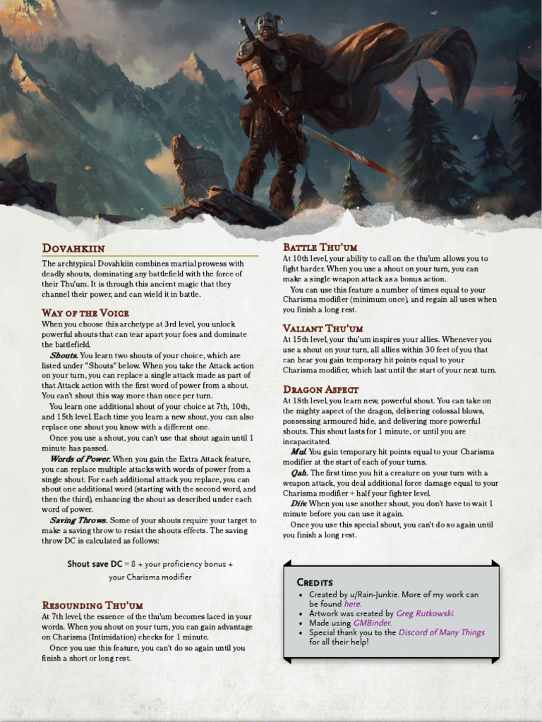 D&D 5E - Homebrew - Fighter Martial Archetype Dovahkiin | PDF