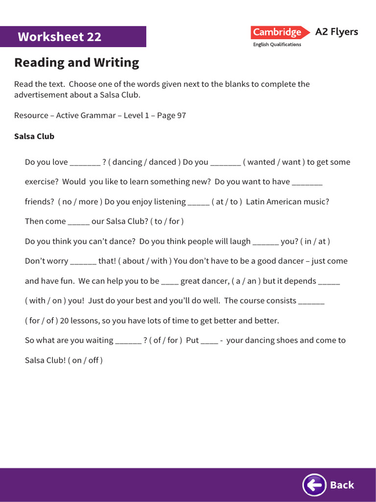 Salsa Club Grammar Worksheet | PDF