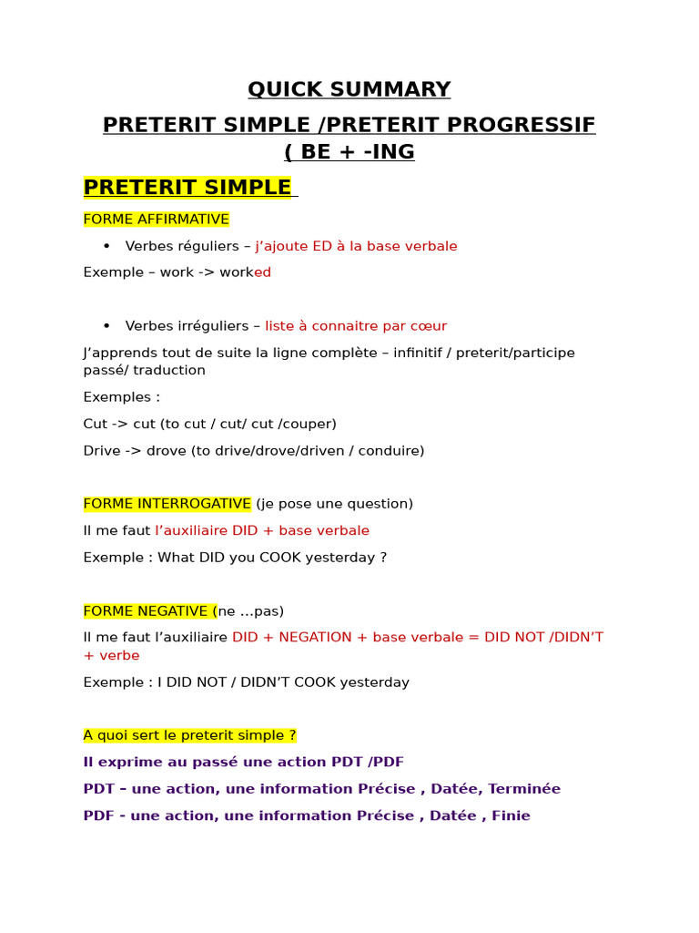 Guide sur le Prétérit Simple et Progressif | PDF