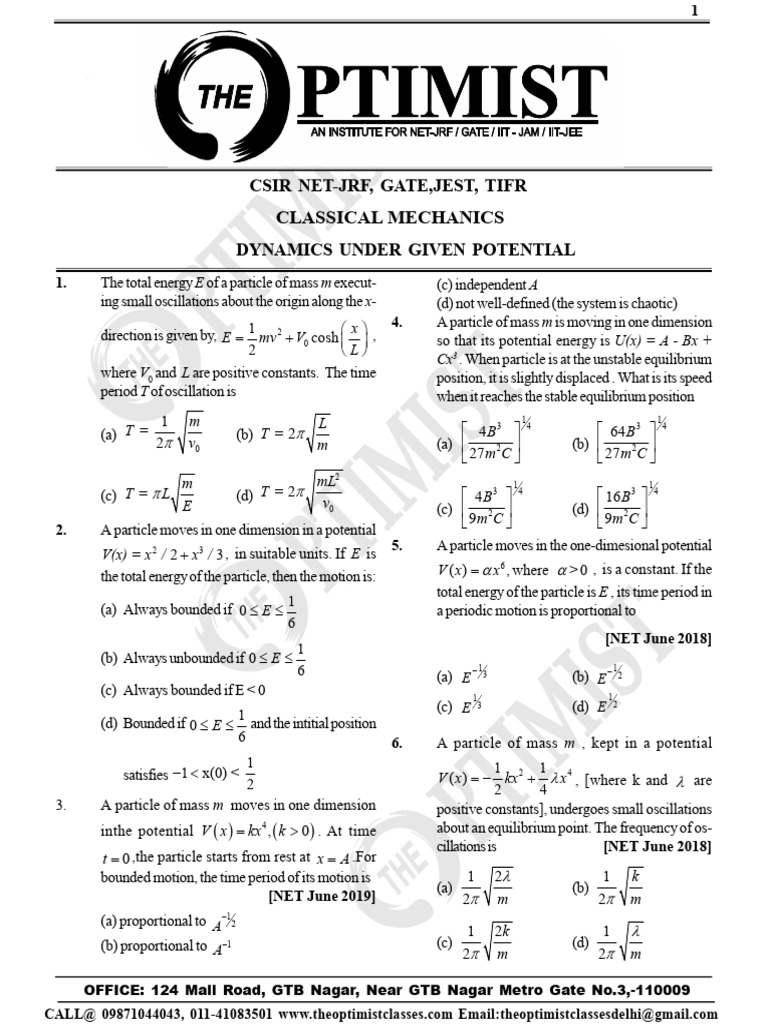 Assignment - Dynamics under given potential | PDF | Oscillation | Physical Phenomena