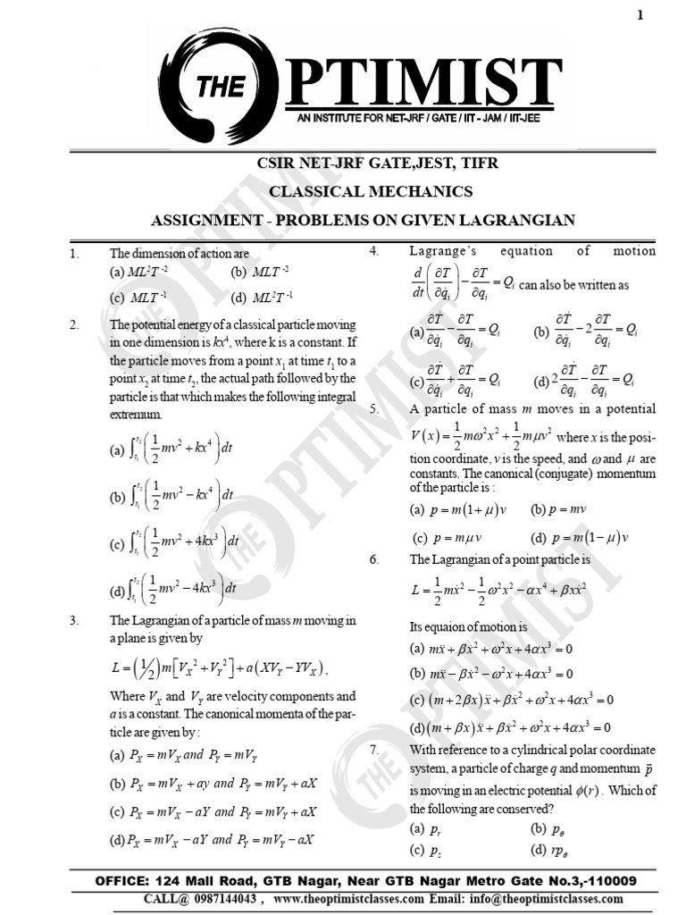 Assignment - Lagrangian Based Problems 1 | PDF | Lagrangian Mechanics | Momentum