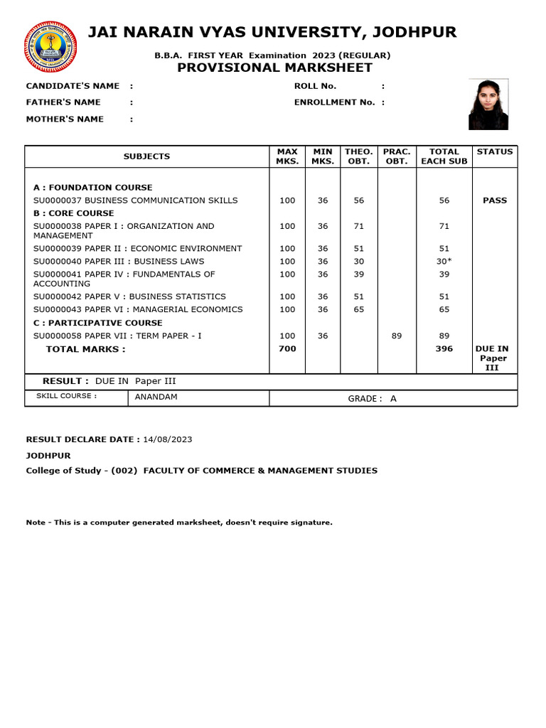 BBA First Year Provisional Marksheet 2023 | PDF