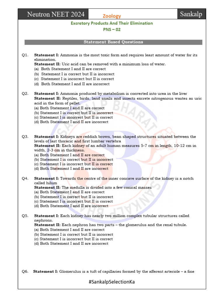 Excretory Product and Their Elimination PNS 02 (Statement Based Questions)_874_1723294851971 ...
