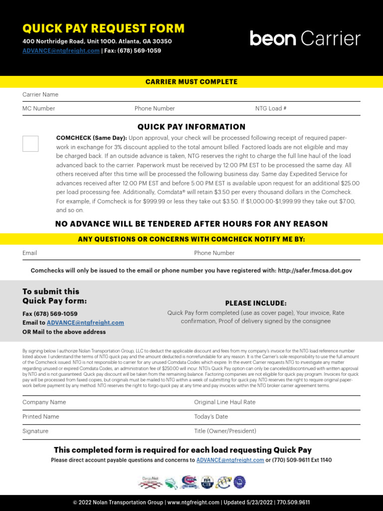 Beon Carrier Quick Pay Form | PDF | Factoring (Finance)