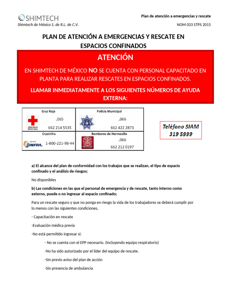 Plan de Atención A Emergencias y Rescate en Espacios Confinados | PDF | Bombero