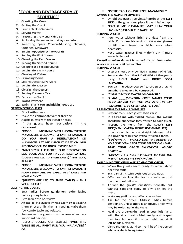 Week 12 14 Restaurant Service | PDF | Menu | Tableware