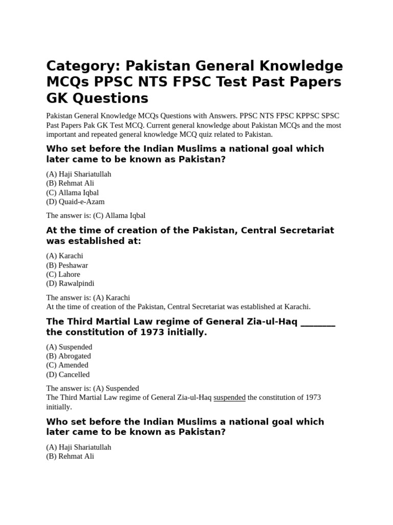 PAKISTAN GENERAL KNOWLEDGE MCQS | PDF | Pakistan