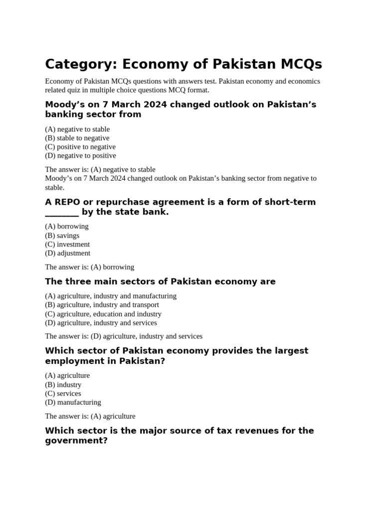 Pakistan Economy MCQs Quiz | PDF | Taxes | Multiple Choice
