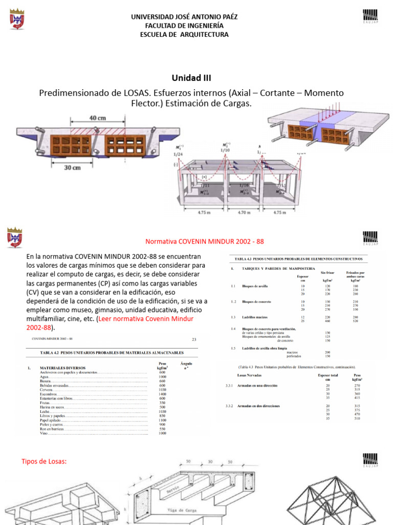 Predimensionado de LOSAS. Esfuerzos internos (Axial – Cortante – Momento Flector.) Estimación de ...