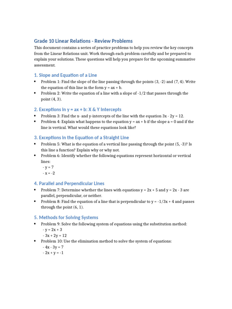 Grade 10 Linear Relations Practice Problems | PDF | Line (Geometry ...