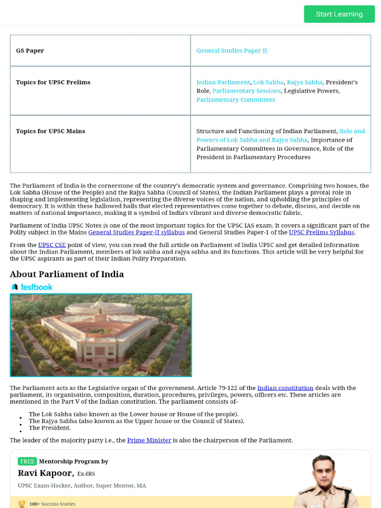 Functions of Parliament of India - Organs, Composition & More - UPSC ...