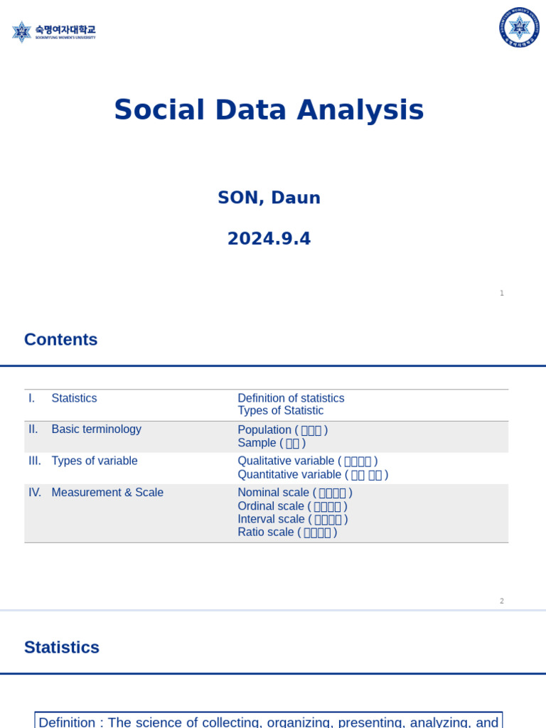 (Week1) Social Data Analysis - 240904 | PDF | Level Of Measurement | Statistics
