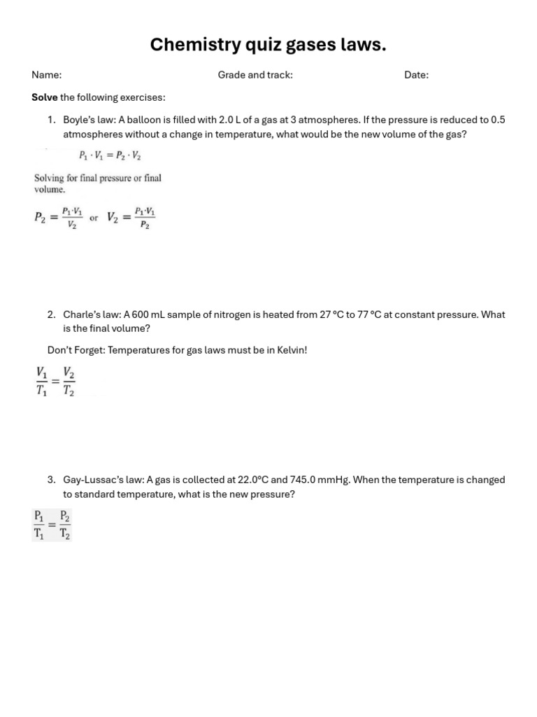 Chemistry quiz gases laws | PDF