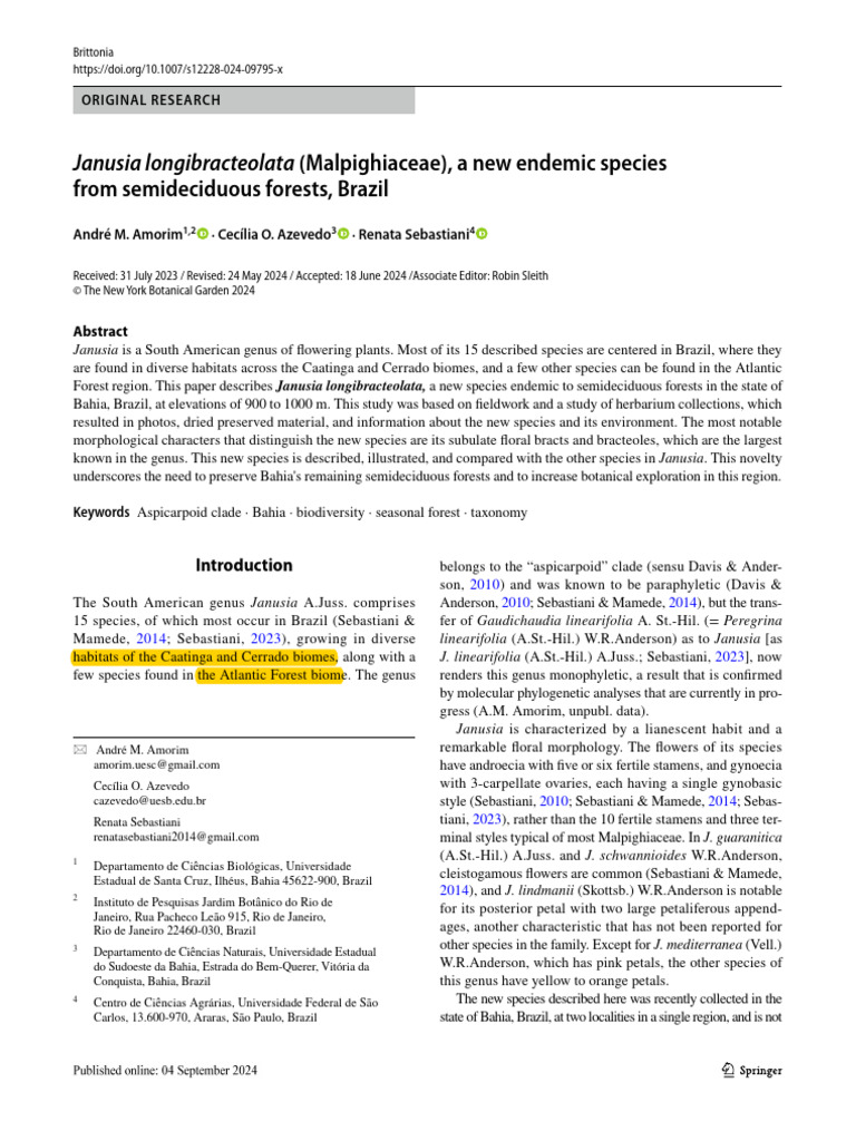 Janusia Longibracteolata: (Malpighiaceae), A New Endemic Species From ...