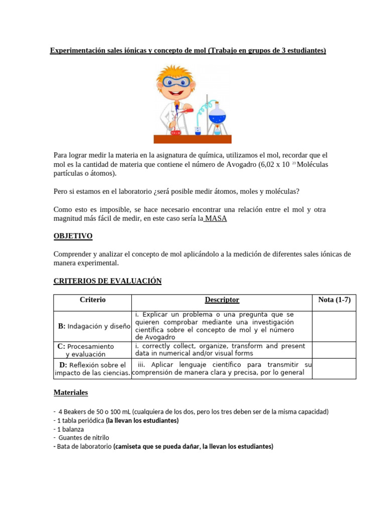 Experimentación concepto de mol con sales iónicas 9 grado | PDF | Mole ...