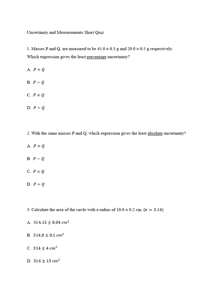 Uncertainty in Measurements Quiz | PDF