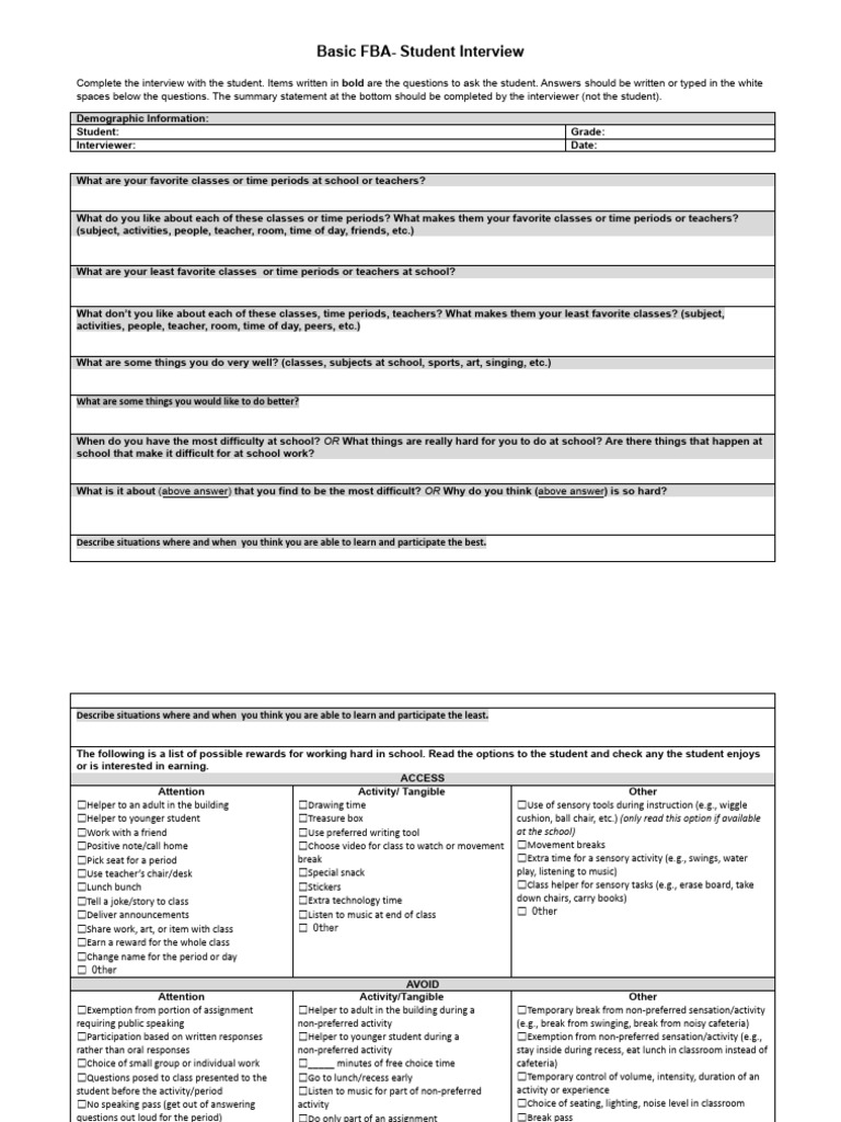 FBA Student Interview Template | PDF | Psychology | Cognition