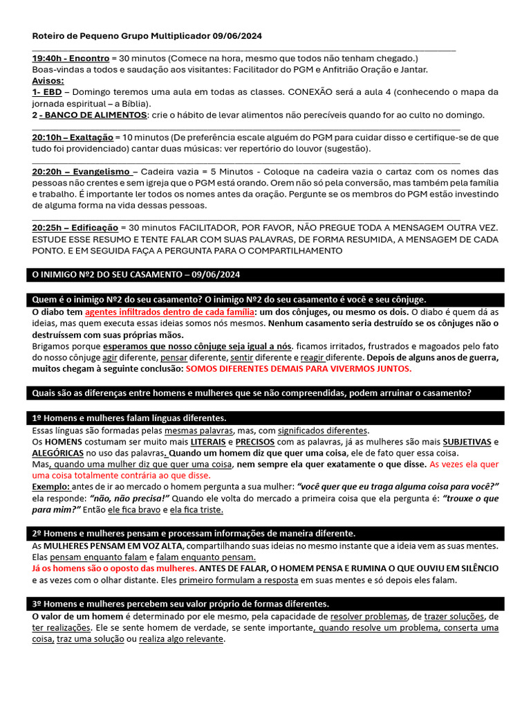 ROTEIRO DE PGM O INIMIGO Nº2 DO SEU CASAMENTO 09 junho 2024 | PDF | Amor | Sentimento