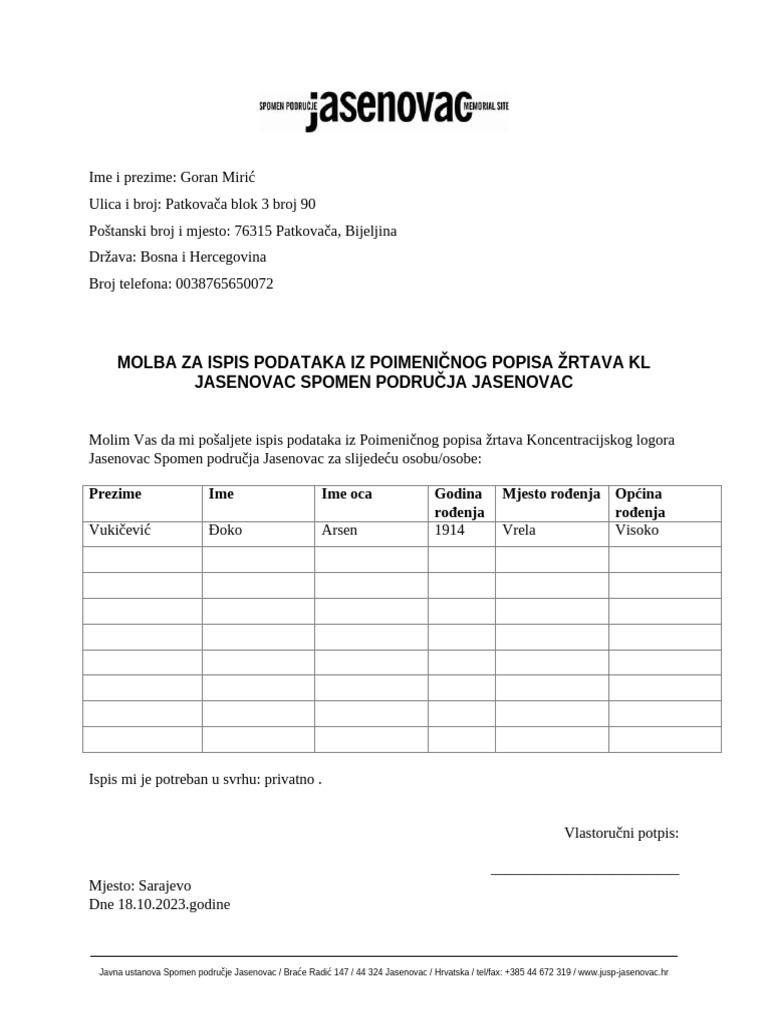 Obrazac Za Ispis Popisa Zrtava | PDF