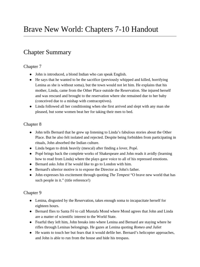 "Brave New World: Chapters 7-10 Summary" | PDF | Utilitarianism | Suffering
