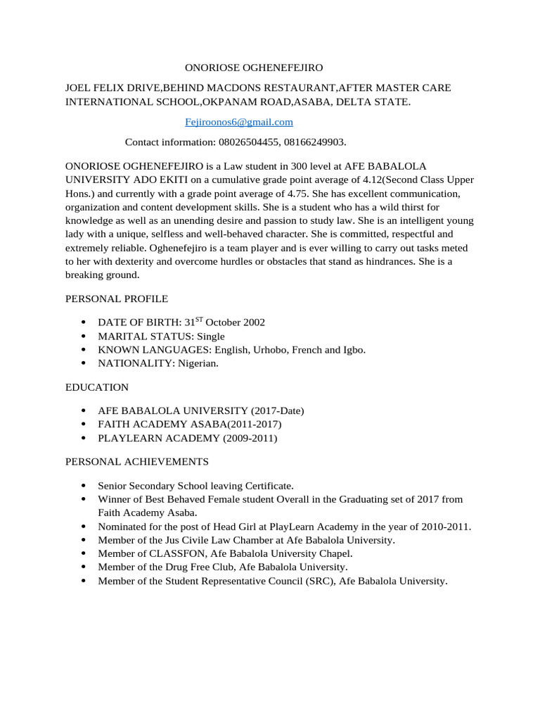 Oghenefejiro's Curriculom Vitae | PDF