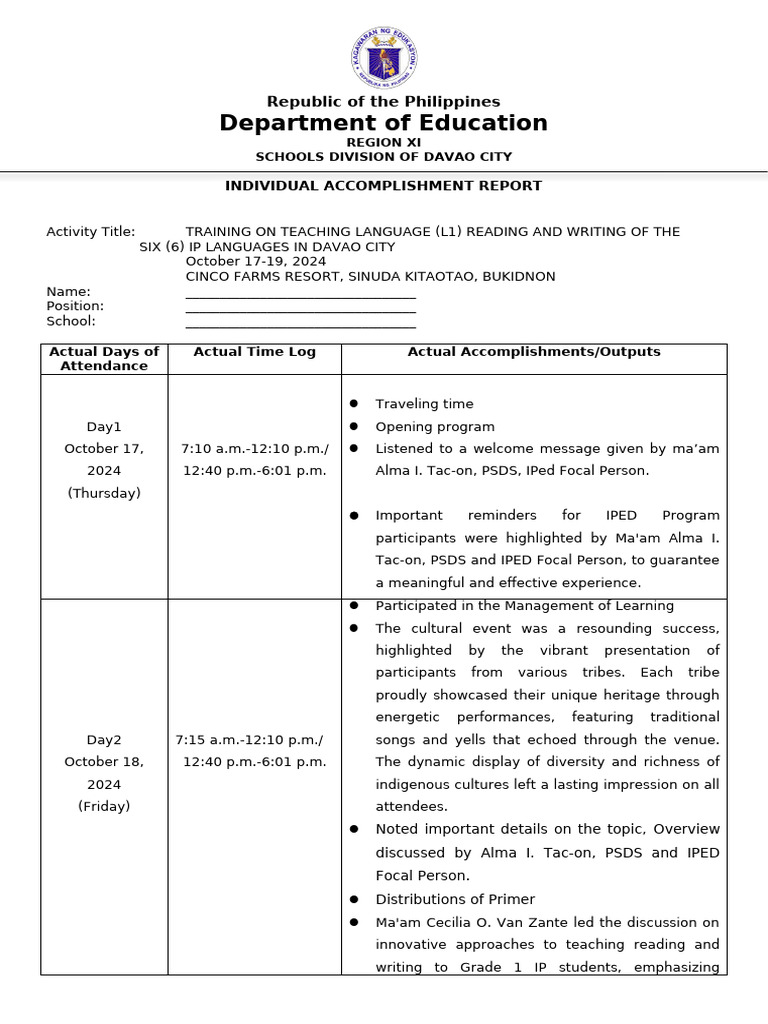 Iped Accomplishment Report | PDF | Pedagogy | Cognition