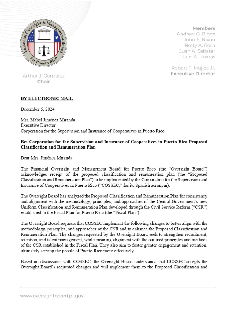 FOMB - Letter - COSSEC - Classification and Remuneration Plan ...