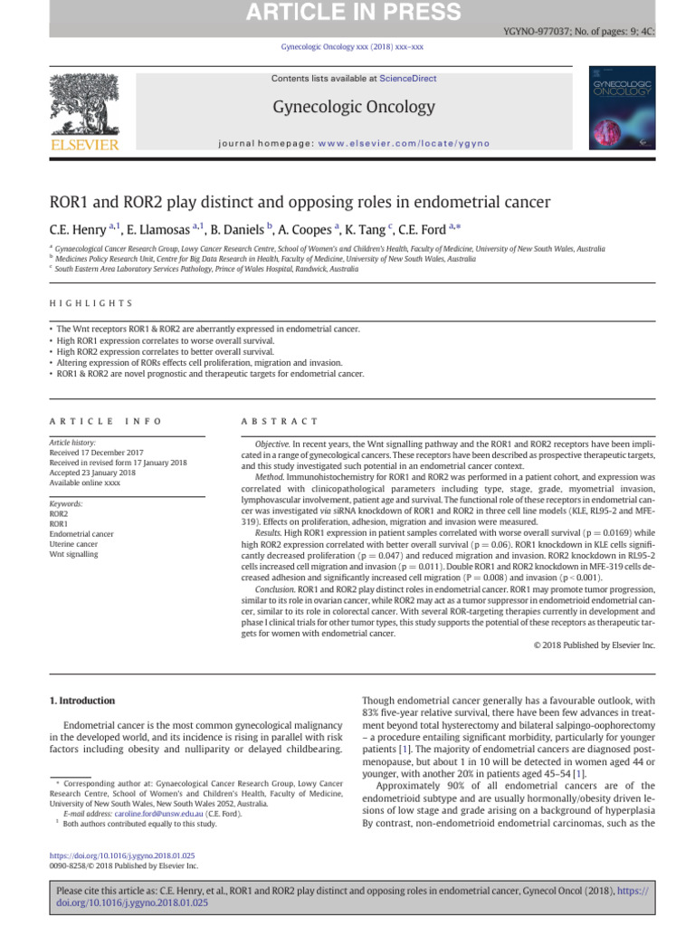 ROR1 and ROR2 Play Distinct and Opposing Roles in Endometrial Cancer ...