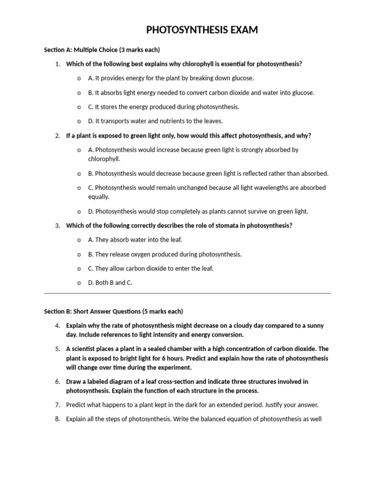 Photosynthesis Exam for Students | PDF | Photosynthesis | Plants