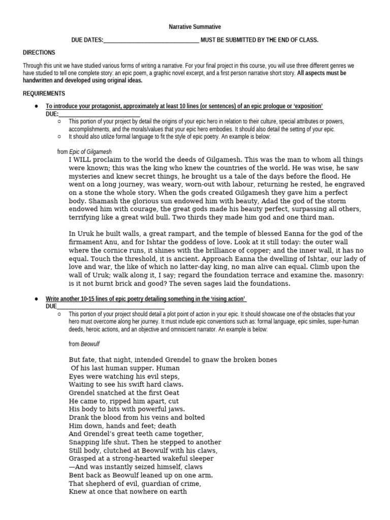 W3 Genre Study Narrative Prompt and Rubric | PDF | Narrative | Epic Poetry