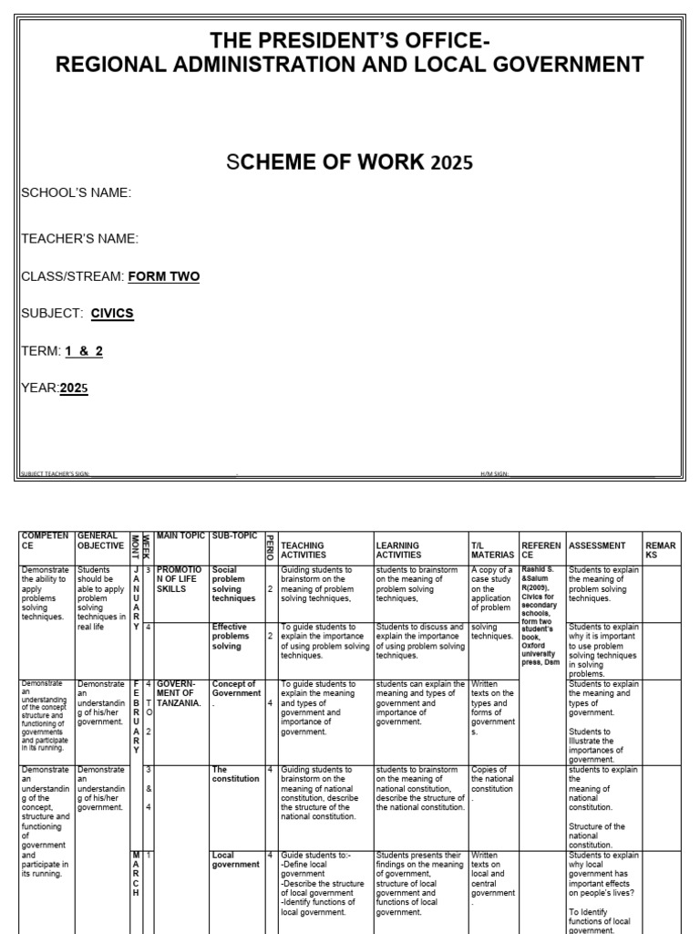 Civics Scheme of Work 2025: Form Two | PDF | Democracy | Political ...