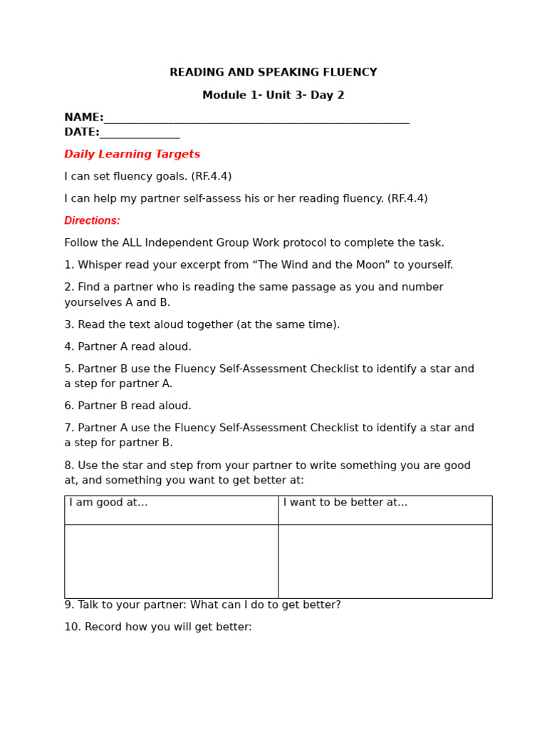 Reading and Speaking Fluency Activity Sheet | PDF