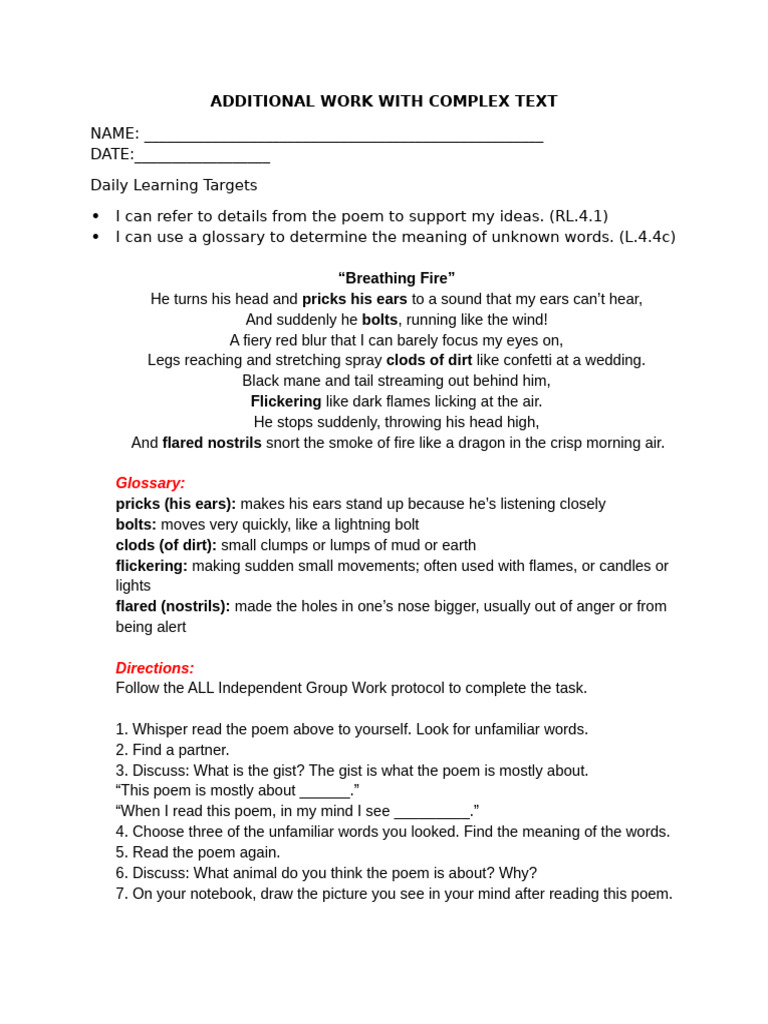 Additional Work With Complex Text Activity Sheet | PDF
