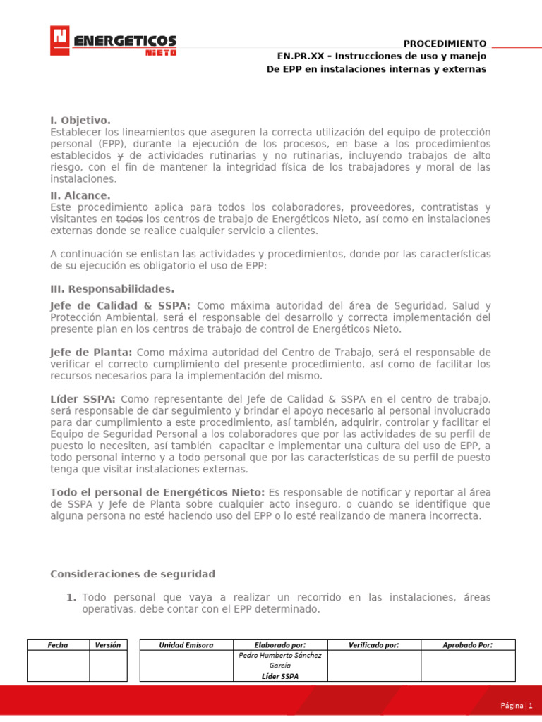 En.pr.XX - Procedimiento Para Uso de EPP Mod.2 | PDF | Calidad (comercial)