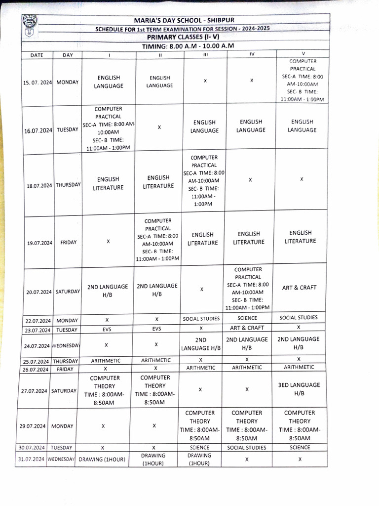 SCHEDULE FOR 1ST TERM EXAMINATION 2024-2025 | PDF
