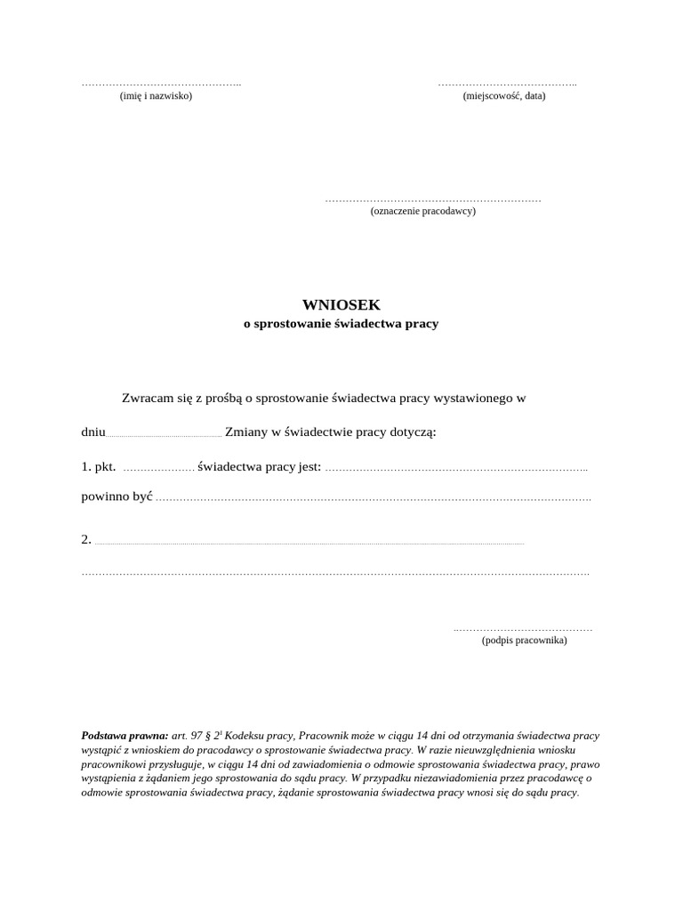 Wniosek o Sprostowanie Świadectwa Pracy | PDF