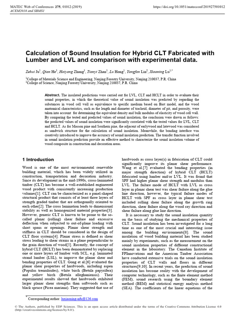 2019 He Et Al.-Calculation of Sound Insulation For Hybrid CLT Fabricated With Lumber and LVL and ...