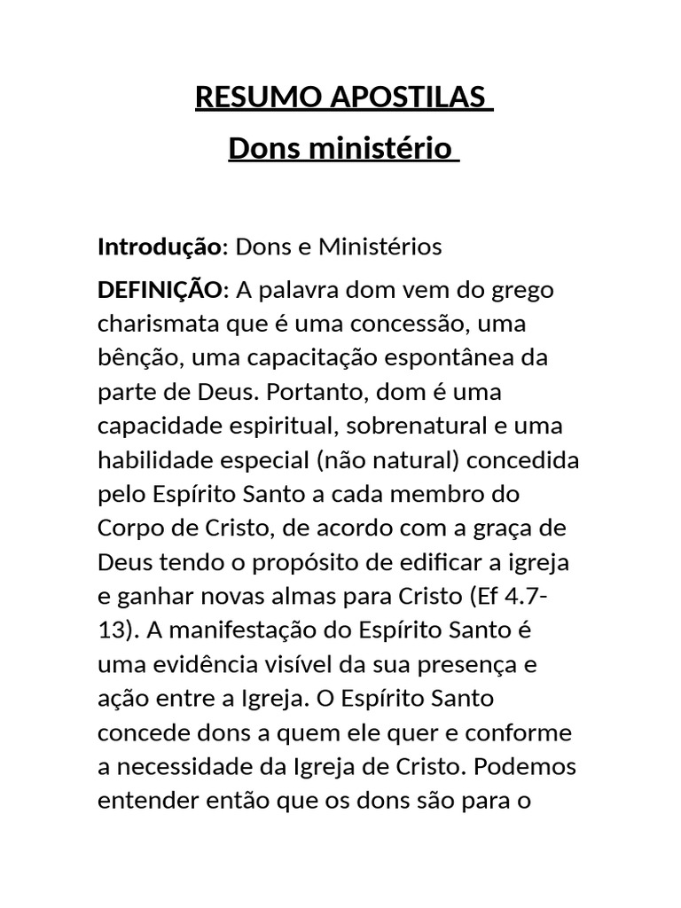 Resumos Das Apostilas ITQ | PDF | Presente espiritual | Inerrância Bíblica
