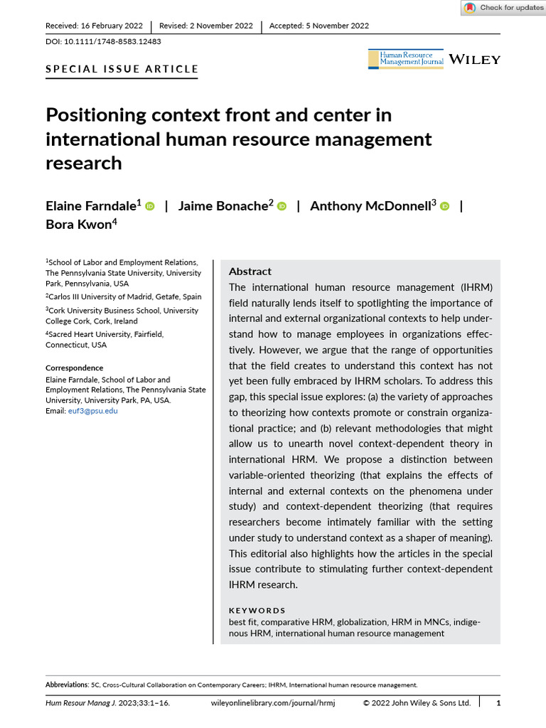 Human Res MGMT Journal - 2022 - Farndale - Positioning Context Front and Center in International ...