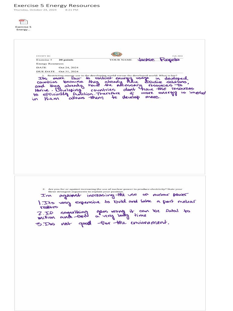 Exercise 5 Energy Resources | PDF