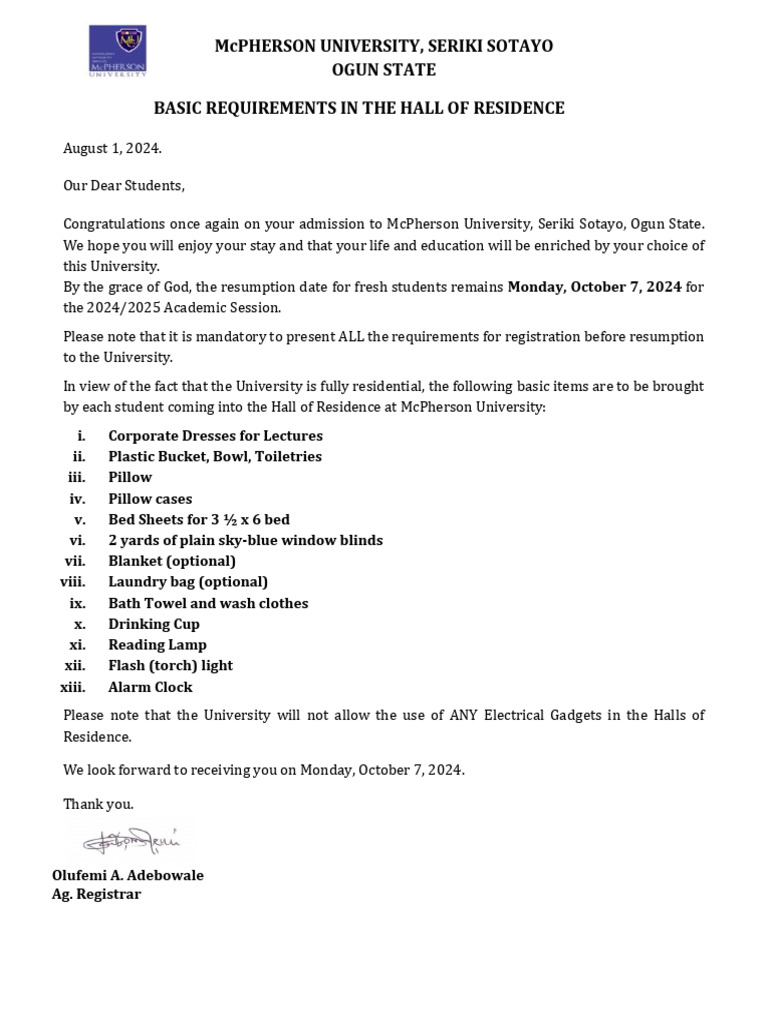 Other Requirements For Resumption 2024 2025 Academic Session | PDF