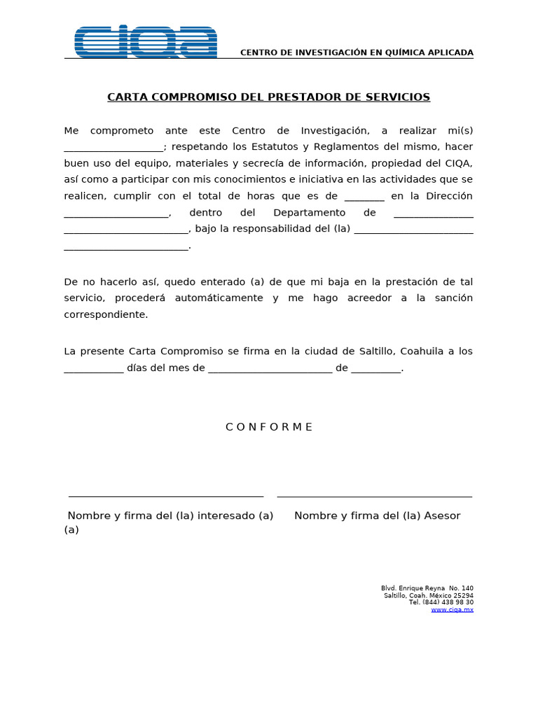 Carta Compromiso CIQA para Servicios | PDF
