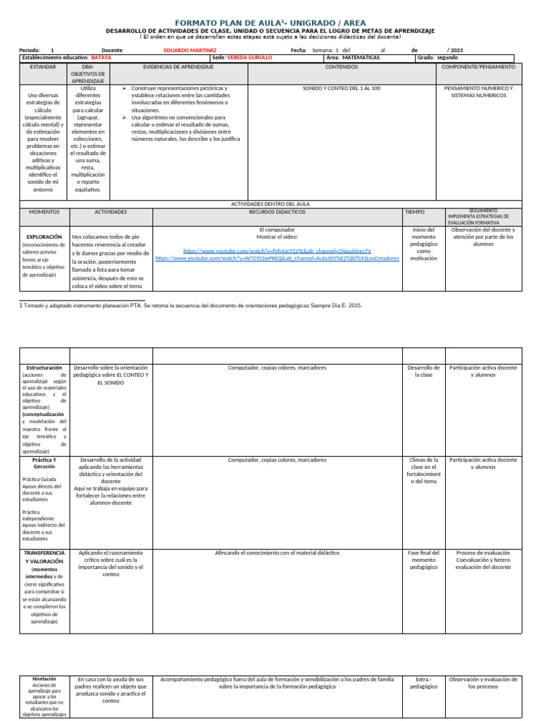 Formato Plan De Aula Segundo Grado Matematica Pdf Maestros