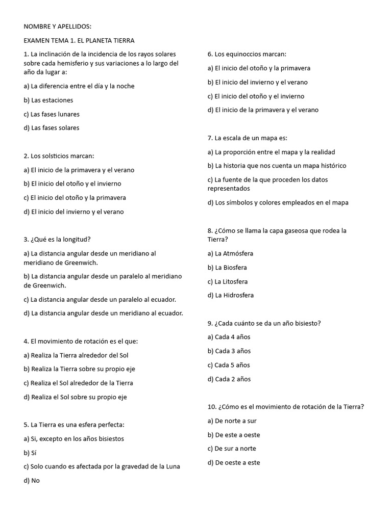 Examen sobre el Planeta Tierra y sus Movimientos | PDF | Tierra | Invierno