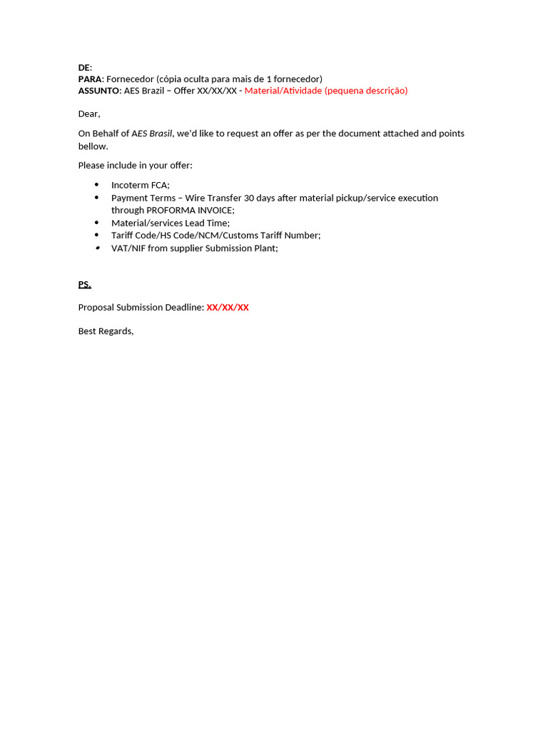 AES Brazil: Supplier Offer Request | PDF