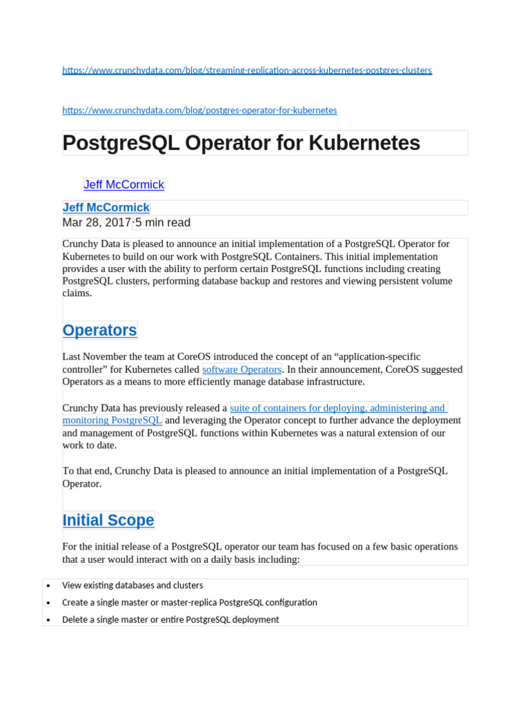 Postgresql Operator For Kubernetes Pdf Postgre Sql Databases