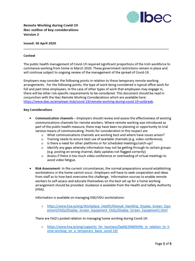 Ibec - Remote Working - Covid-19 - Version 2 | PDF | Employment | Occupational Safety And Health